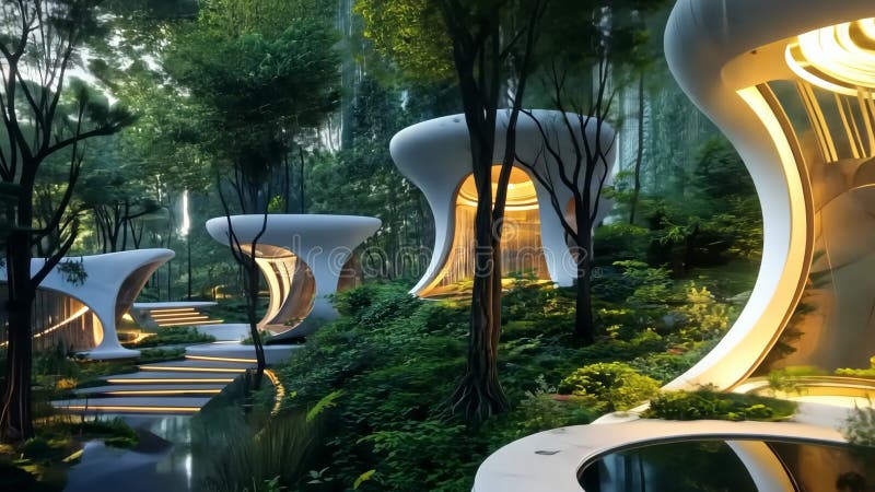 Futuristic Architecture in a Serene Forest with Flowing Water and ...