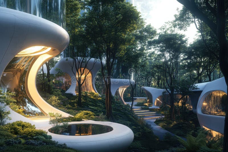 Futuristic Architecture in a Serene Forest with Flowing Water and ...