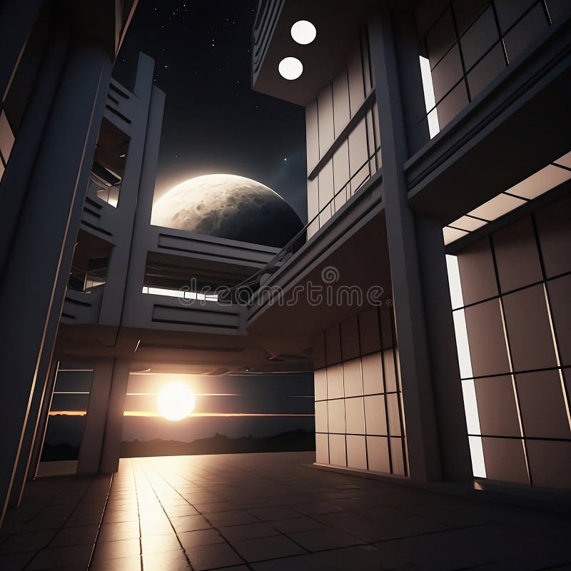 Futuristic Architecture with Sun and Moon. Stock Illustration ...