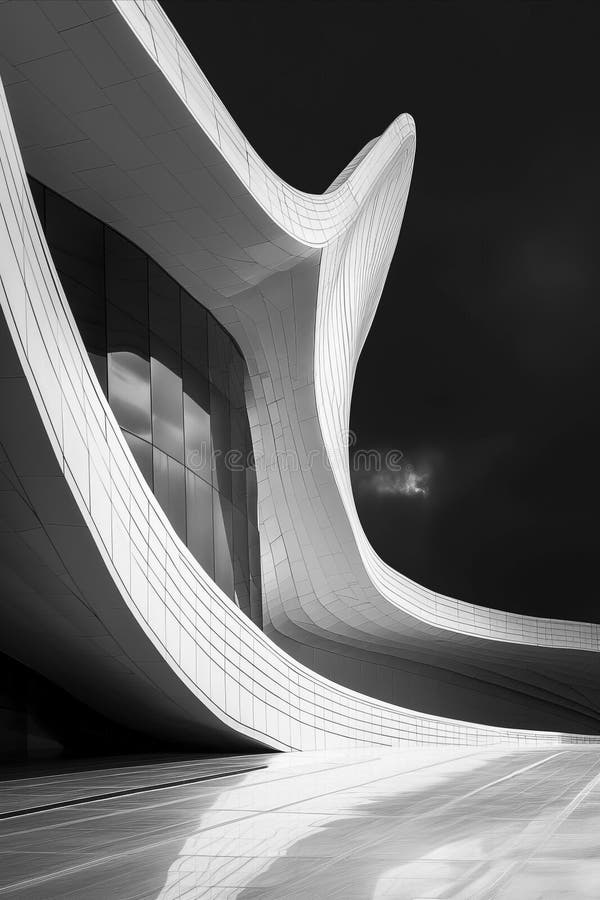 Futuristic Architecture with Sweeping Curves and Sharp Lines, Captured in Dramatic Black and ...