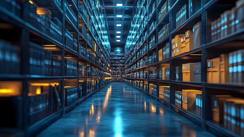 Futuristic Archive with Endless Rows of Shelves Filled with Books, Documents, and Storage Boxes ...