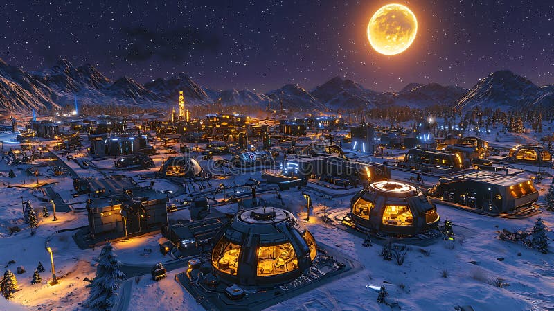 Futuristic Arctic City at Night Under a Full Moon Stock Illustration ...