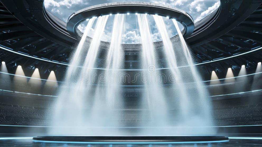 Futuristic Arena with Dramatic Lighting and Cascading Water Features in ...