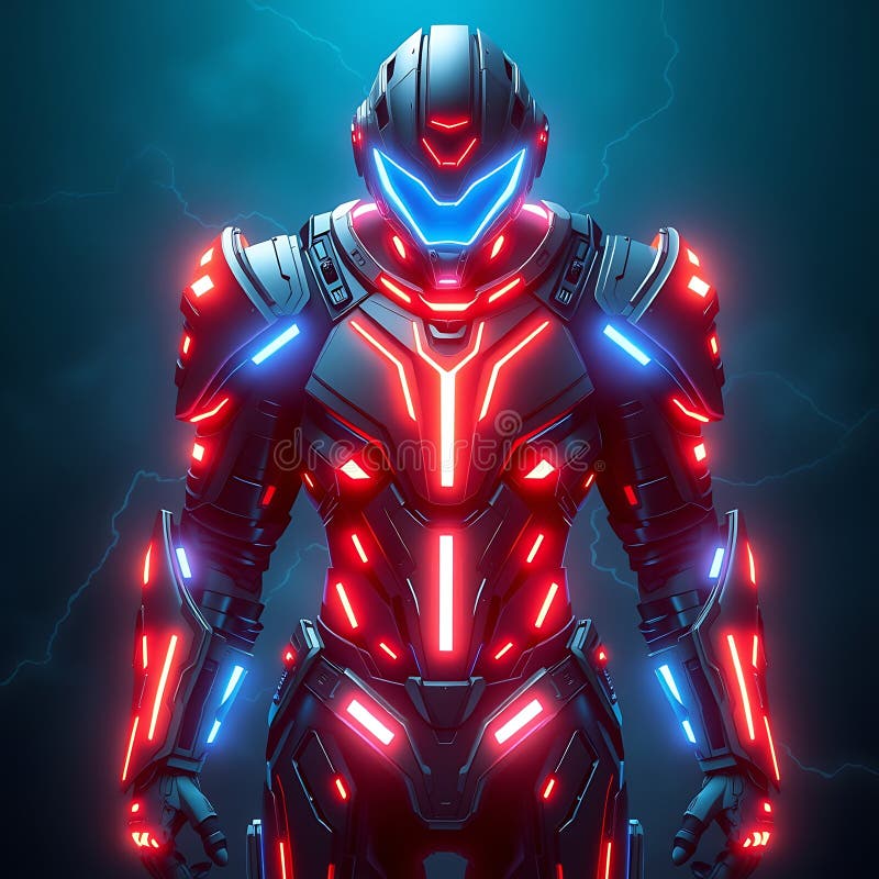 A Futuristic Armor Suit Glowing with Neon Blue Energy Running through ...
