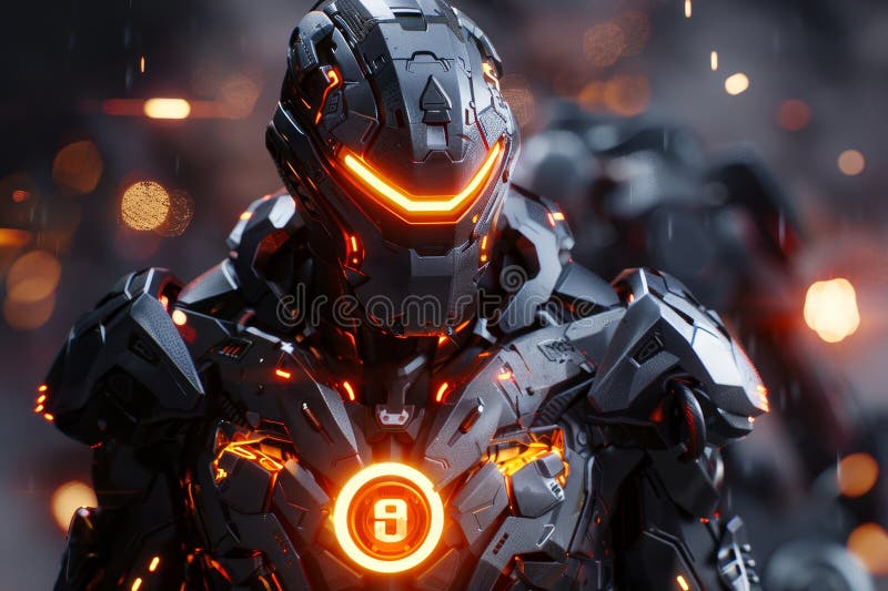 A Futuristic Armor Suit with an Omega Emblem Glowing on the Chest Plate ...