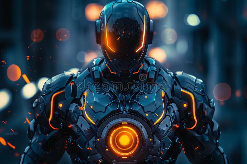 A Futuristic Armor Suit with an Omega Emblem Glowing on the Chest Plate ...