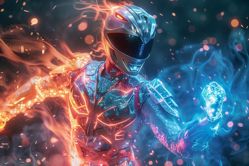 Futuristic Armored Superhero in a Dynamic Pose with Glowing Red and ...