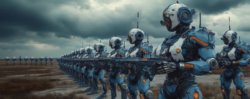 Futuristic Army of Robotic Soldiers Standing in Formation with Advanced ...