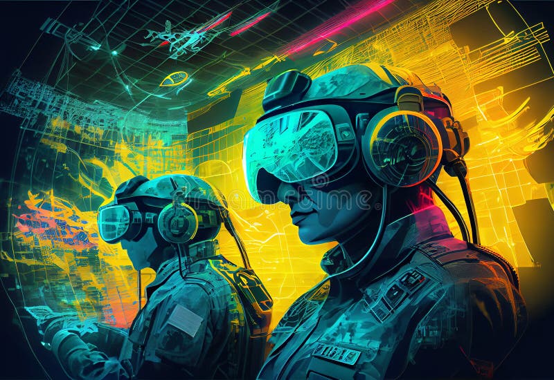 Futuristic Army and Soldier in Glasses of Virtual Reality. Drone ...