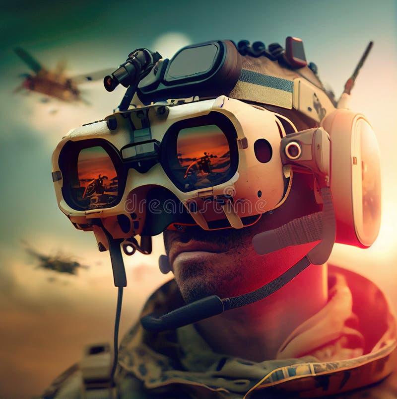 Futuristic Army and Soldier in Glasses of Virtual Reality. Drone ...