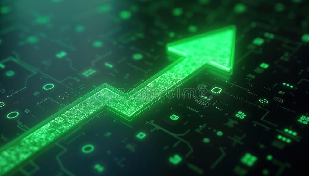 Futuristic Arrow Points Upward through Glowing Binary Code Matrix ...