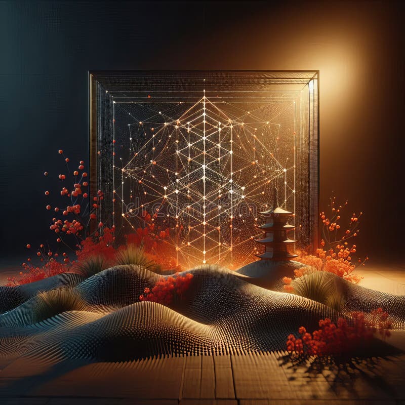 Futuristic Art Installation with Geometric Structures and Neon Lights ...