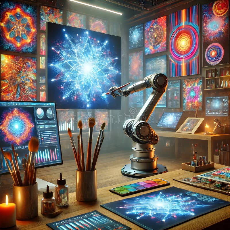 Futuristic Art Studio with AI Robotic Arm Painting on Canvas and ...