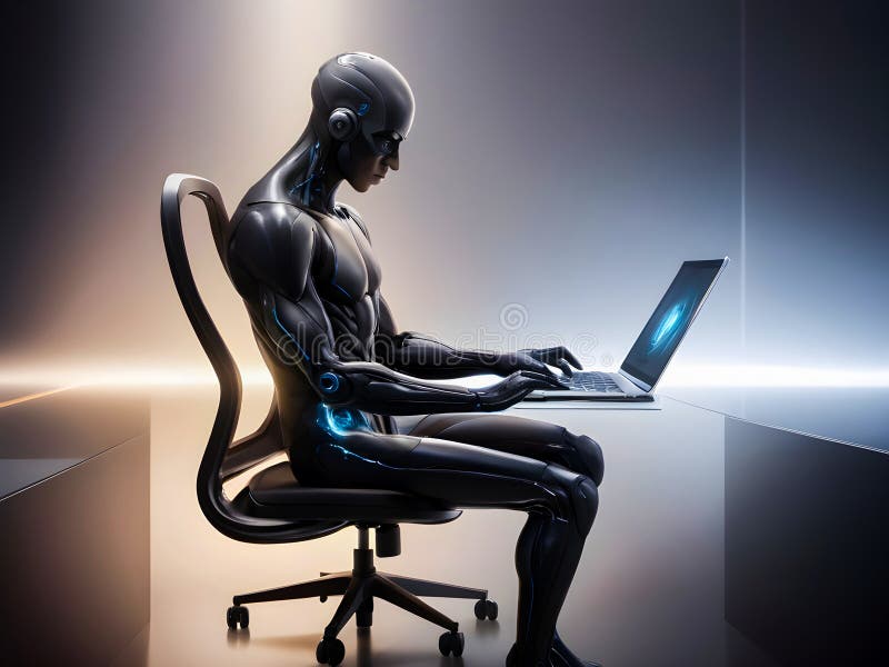 Futuristic Artificial Intelligence AI Robot Cyborg Using Laptop in ...