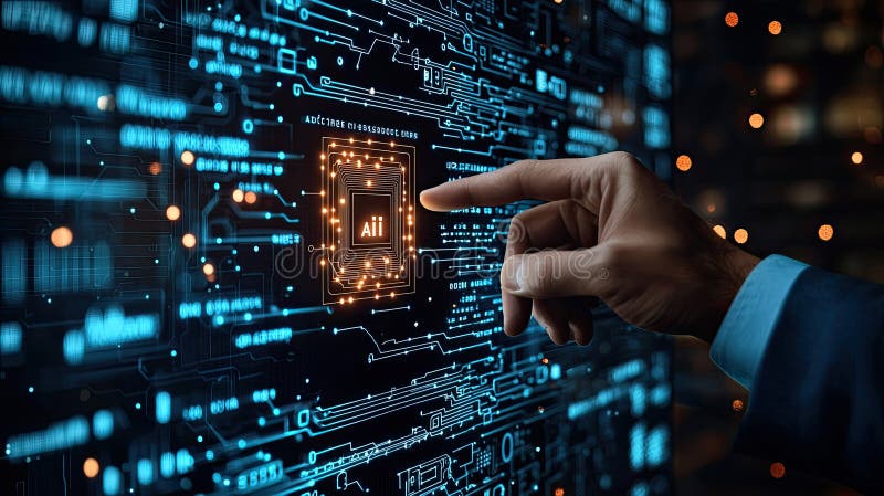 Futuristic Artificial Intelligence Circuit Board with Finger Pressing ...