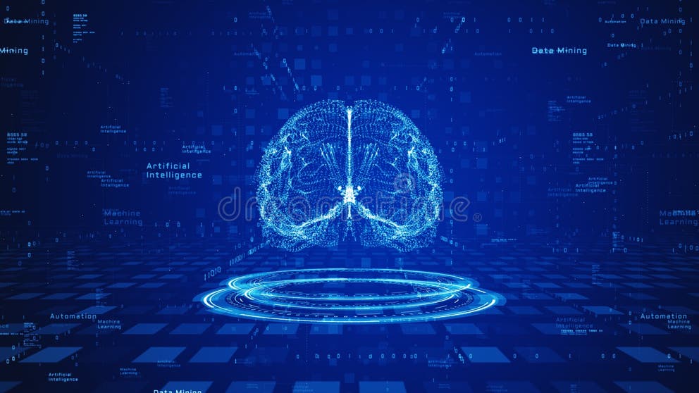 Futuristic Artificial Intelligence Concept with Glowing Digital Brain, Binary Code, and ...