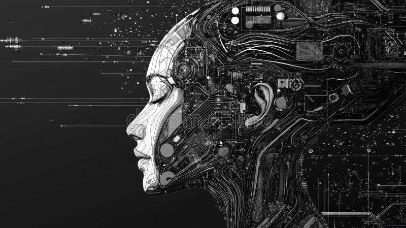 Futuristic Artificial Intelligence Concept in Monochrome Line Art ...