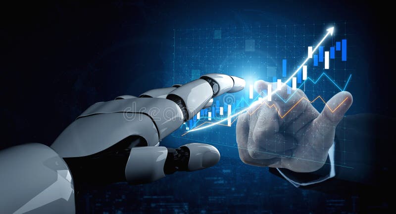 Futuristic Artificial Intelligence Hand Interacting with Digital Business Growth Chart and ...