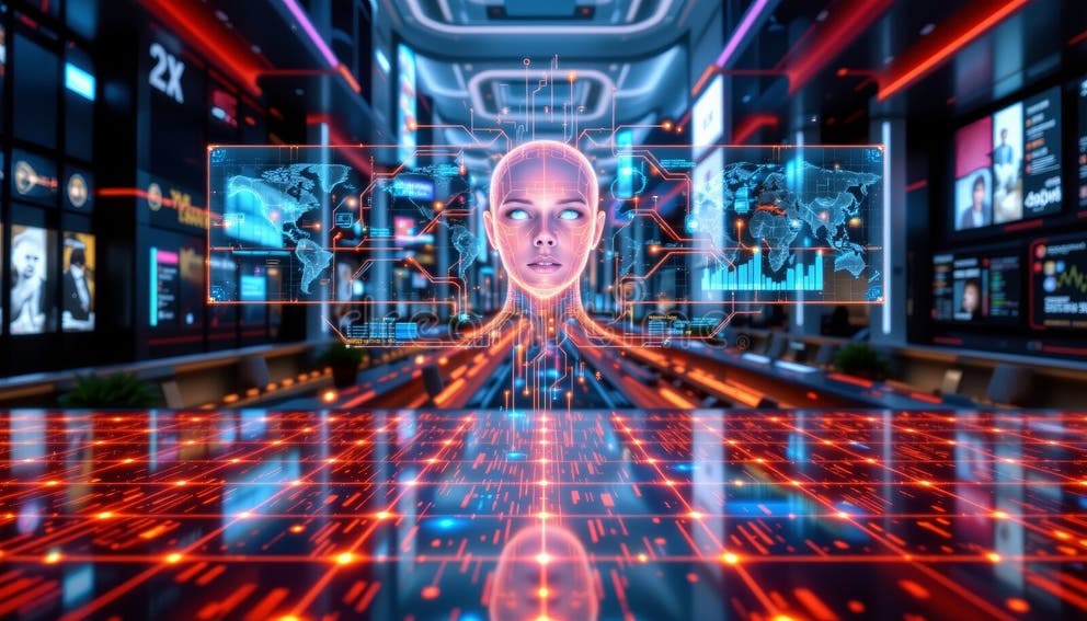 Futuristic Artificial Intelligence Head with Digital World Maps and ...