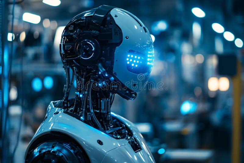 Futuristic Artificial Intelligence Robot with Blue Lights in Factory ...