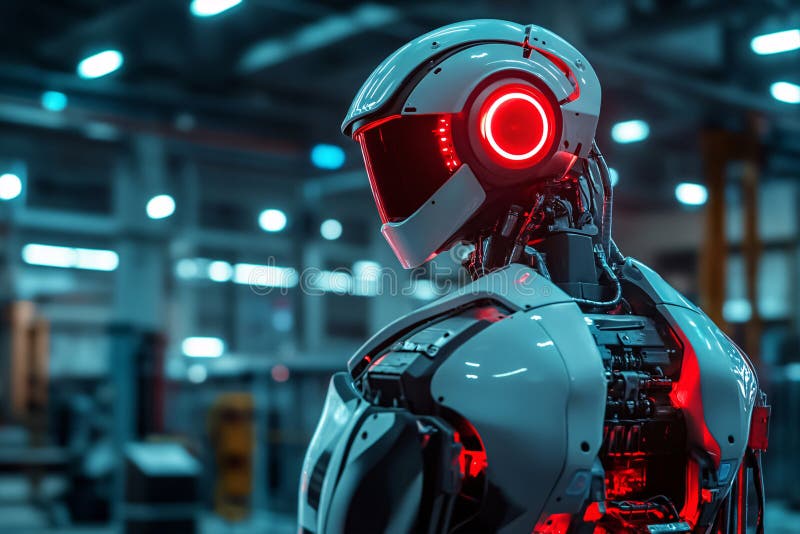 Futuristic Artificial Intelligence Robot with Red Lights in Factory ...