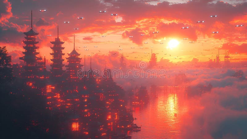 Futuristic Asian City Sunset, Drones Flying, Clouds, Peaceful Stock ...