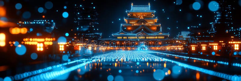 Futuristic Asian Temple Cityscape with Blue Network of Lights, Asian ...