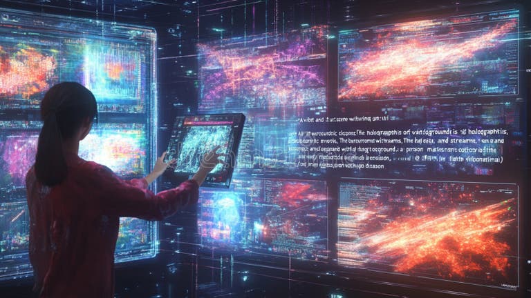 Futuristic Asian Woman and a High Technology Advanced Holographic ...