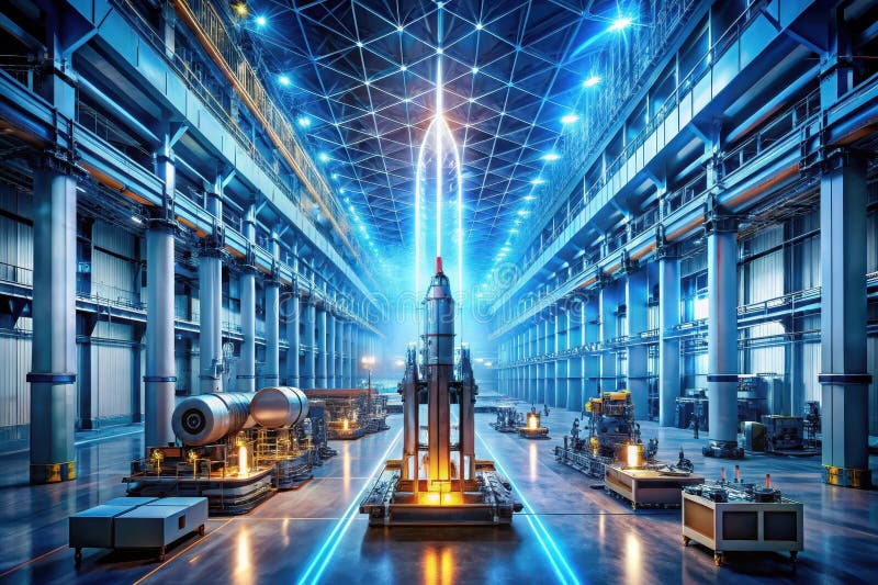 A Futuristic Assembly Facility Showcases a Sleek, Modern Rocket Ready ...