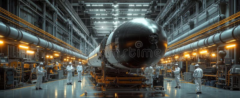 Futuristic Assembly Hall with Engineers and Rocket for Advanced ...