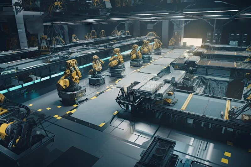 Futuristic Assembly Line, with Floating Robotic Arms and Drones ...