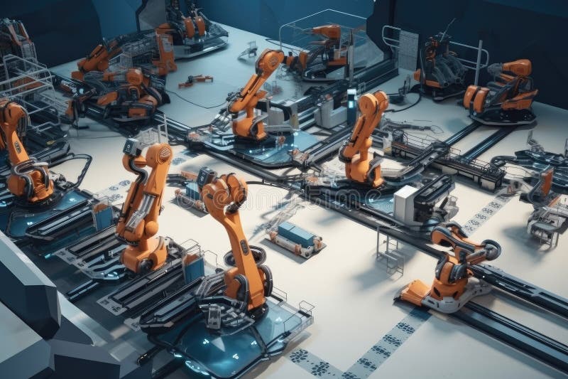 Futuristic Assembly Line, with Floating Robotic Arms and Drones ...