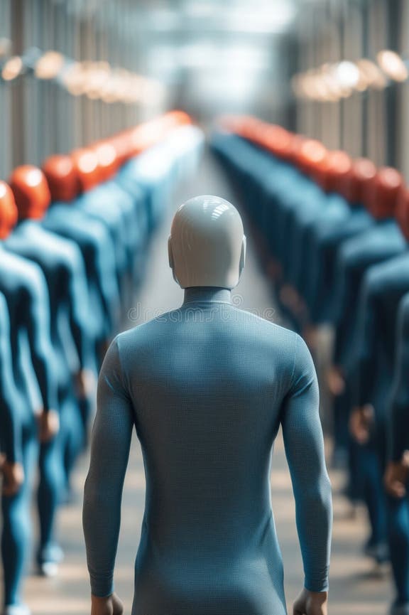 Futuristic Assembly Line with Identical Blue Suited Androids in ...