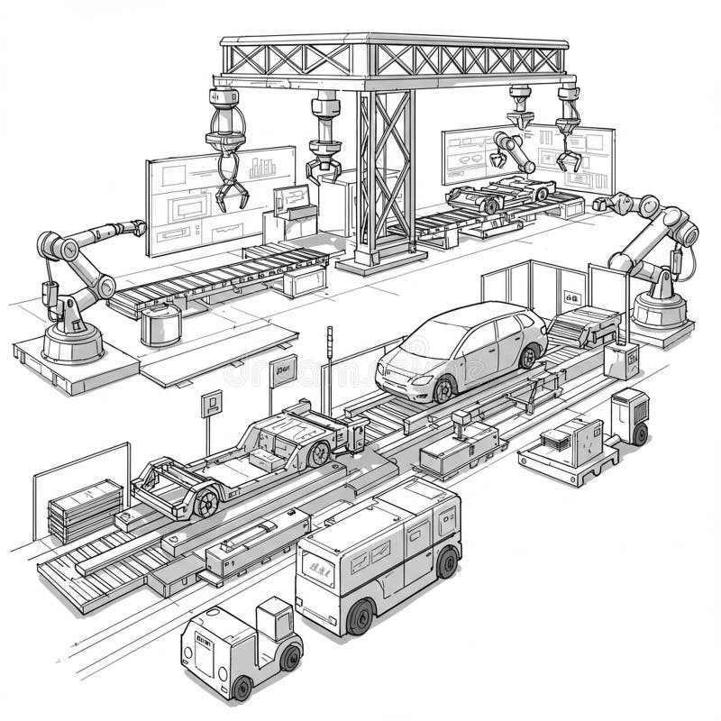 Futuristic Assembly Line Illustration Featuring Robotic Machines ...