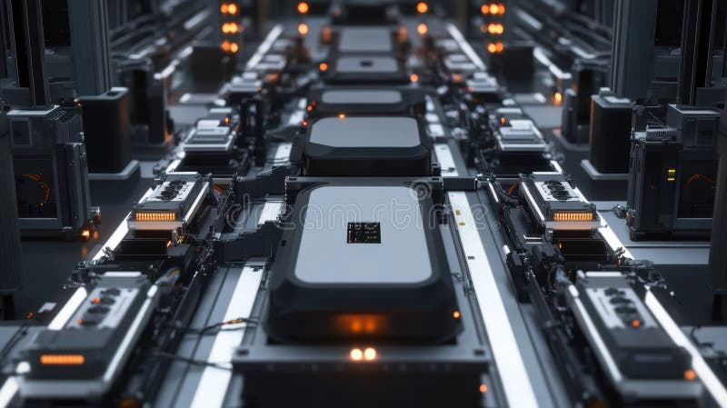 Futuristic Assembly Line Manufacturing Electronic Components in a High ...