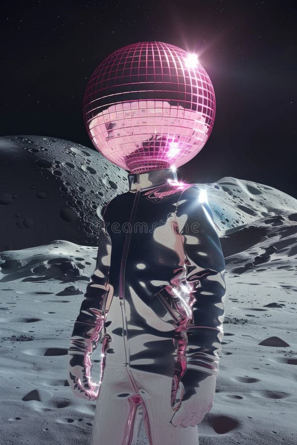 Futuristic Astronaut with Glowing Pink Disco Ball Head on Moon Surface ...