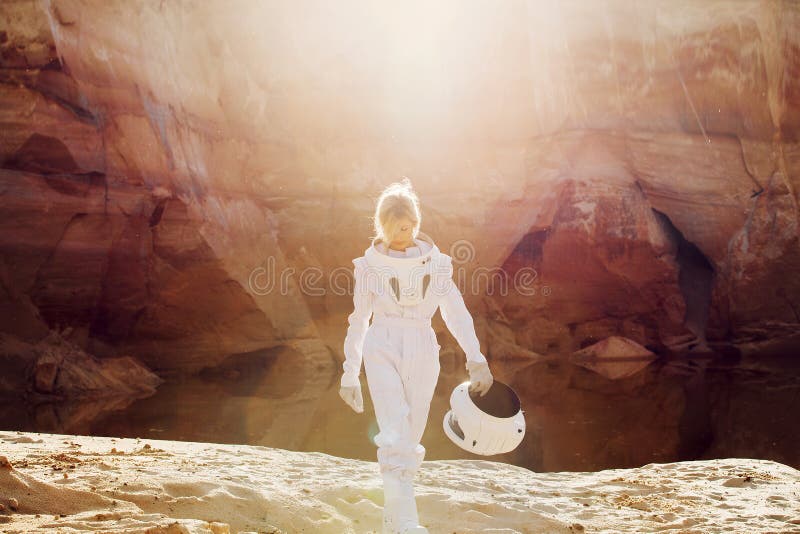 Futuristic Astronaut without a Helmet in Rays of Stock Image - Image of ...