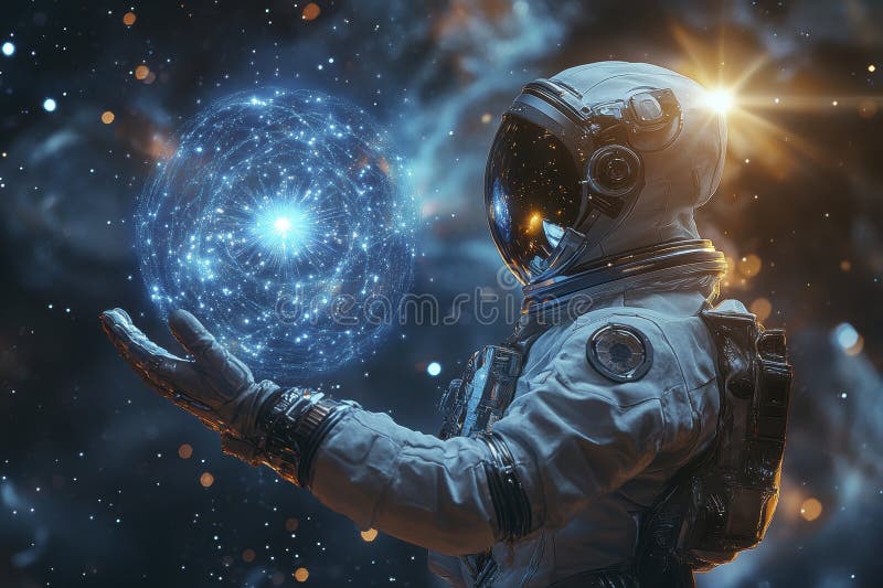 Futuristic Astronaut with Holographic Star System in Hand. Stock Image ...
