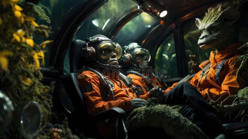 Futuristic Astronaut Inside Lit Space Ship. Alien Pilots Flying ...