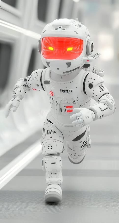 Futuristic Astronaut Robot Running through Space Station Corridor Stock Image - Image of robot ...