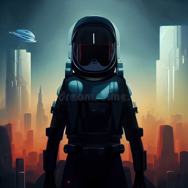 Futuristic Astronaut Standing in Front of a Space City Stock ...
