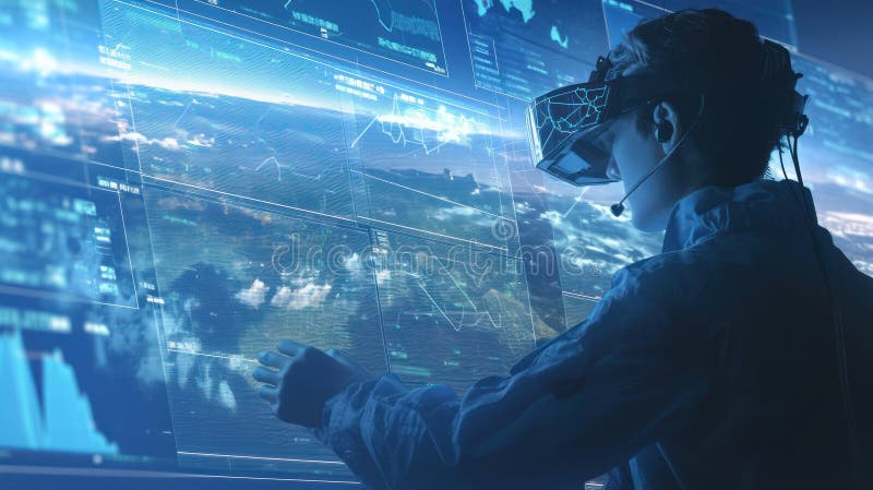 A Futuristic Astronaut Uses VR To Analyze Data on a Large Digital ...