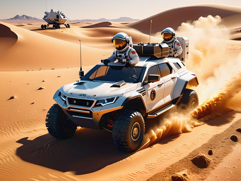 Futuristic Astronauts Drive Rover Across Cereal Desert Stock ...