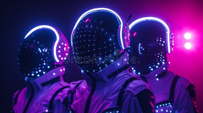 Futuristic Astronauts with LED Helmets and Suits in Neon Light Stock ...