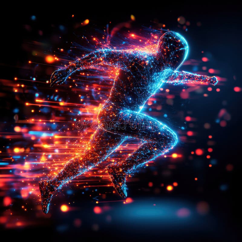 Futuristic Athlete Leaping with Glitch Effects Stock Illustration ...