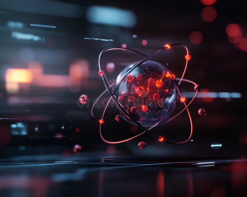 Futuristic Atom Model with Glowing Elements, Symbolizing Energy and ...