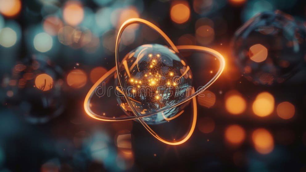 Futuristic Atom Model with Glowing Orbits and Particles in a Scientific ...