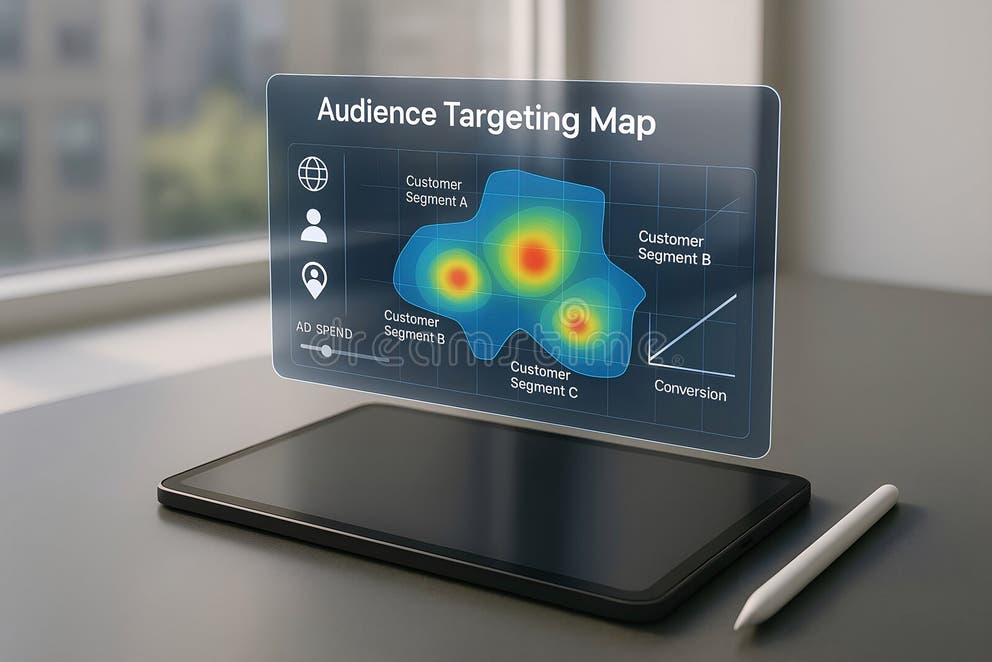 Futuristic Audience Targeting Map Visualization on Tablet Demonstrating ...