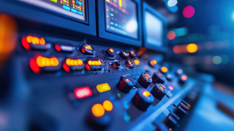 Futuristic Audio Control Panel in Vibrant Neon Lighting. Conveyor Belt ...