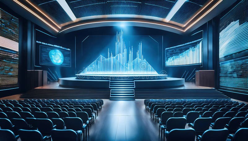 Futuristic Auditorium with Podium Surrounded by Holographic Charts and ...